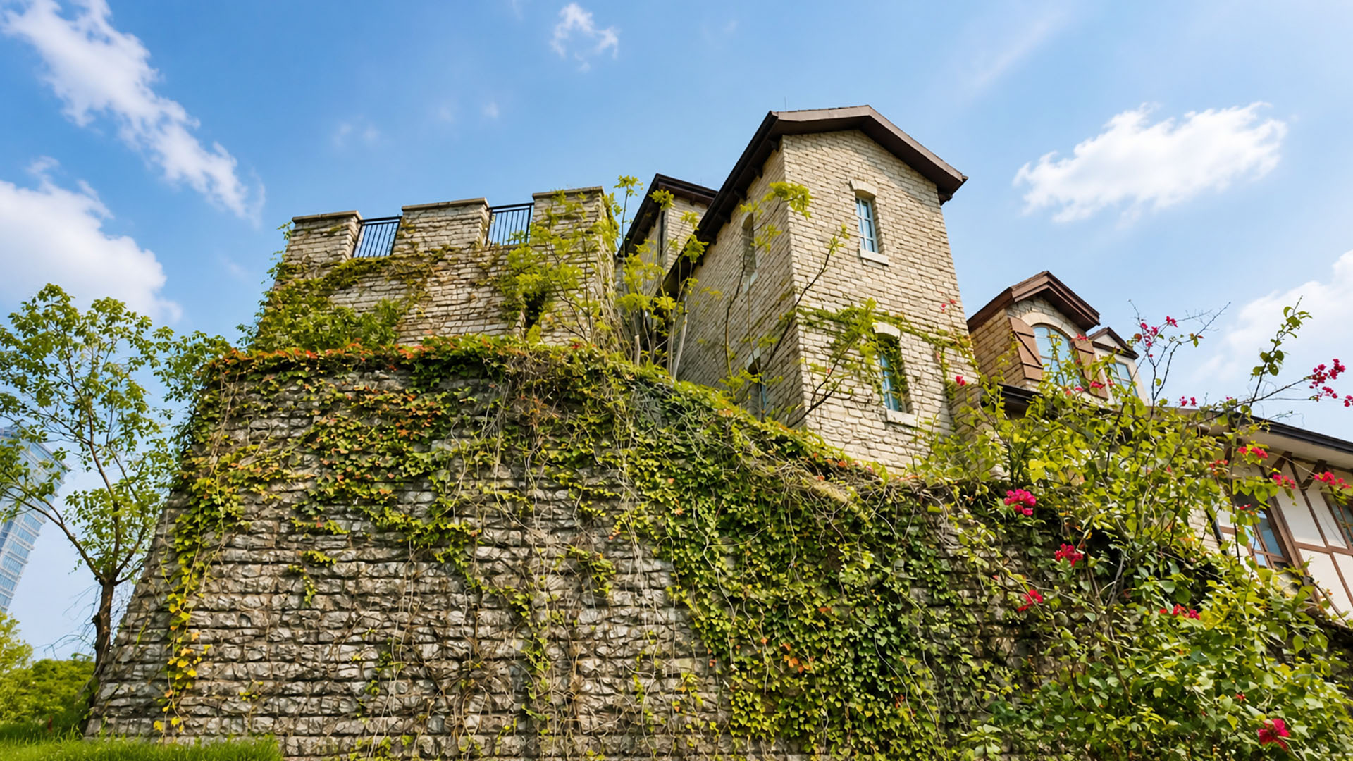 A calm castle environment surrounded by natural green growth