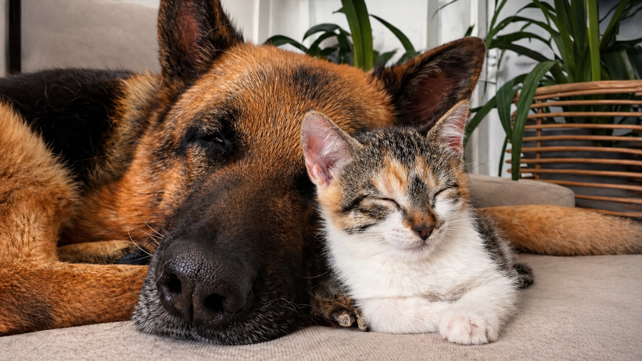 Duitse herder slaapt naast klein kitten