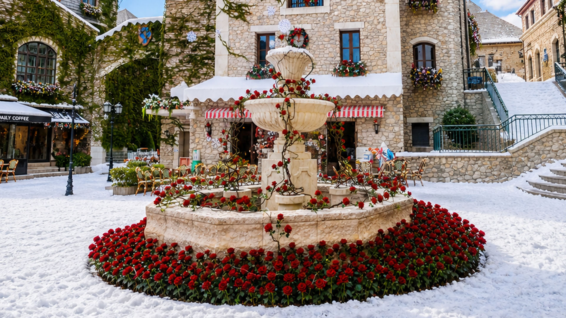 A hidden courtyard in China with roses and classic fountain design