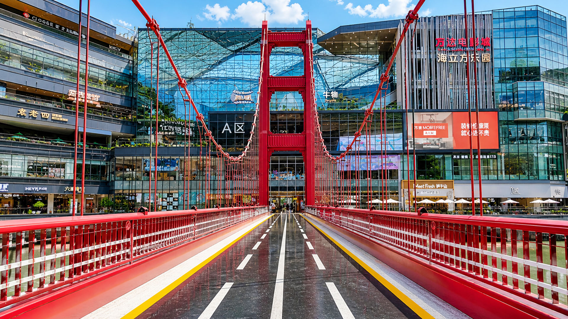 Un gran complejo comercial en China construido con un puente rojo