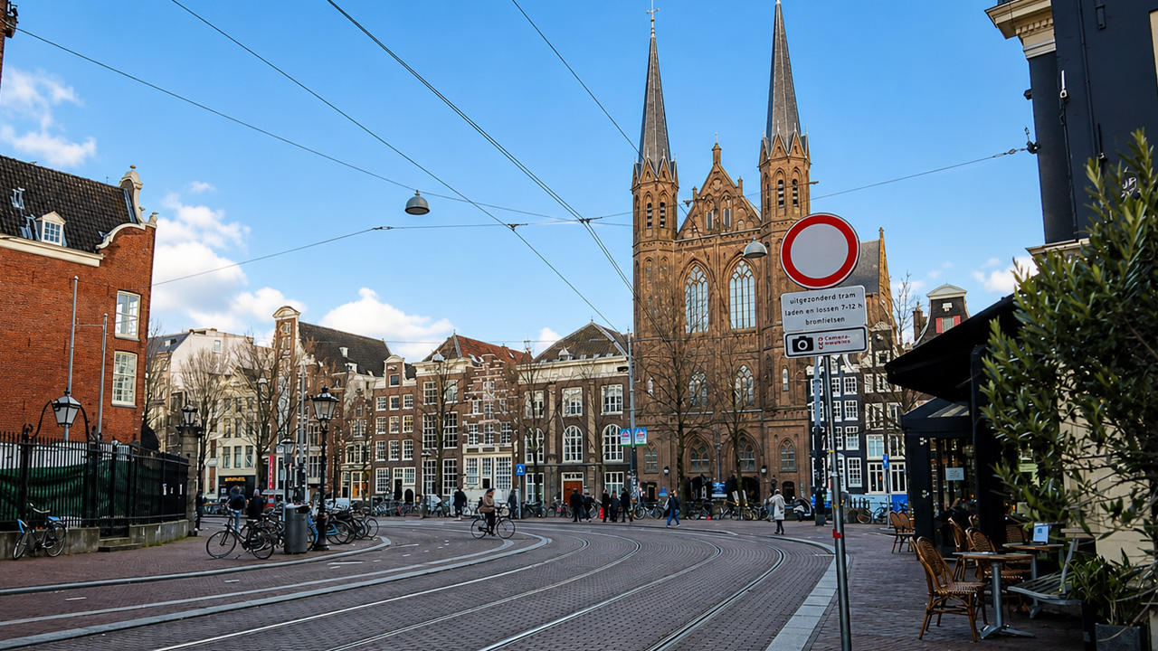 Amsterdam city walk through busy streets and local life