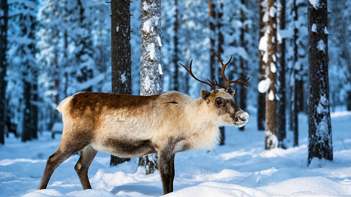 Arctic reindeer in winter forest with snow-covered trees