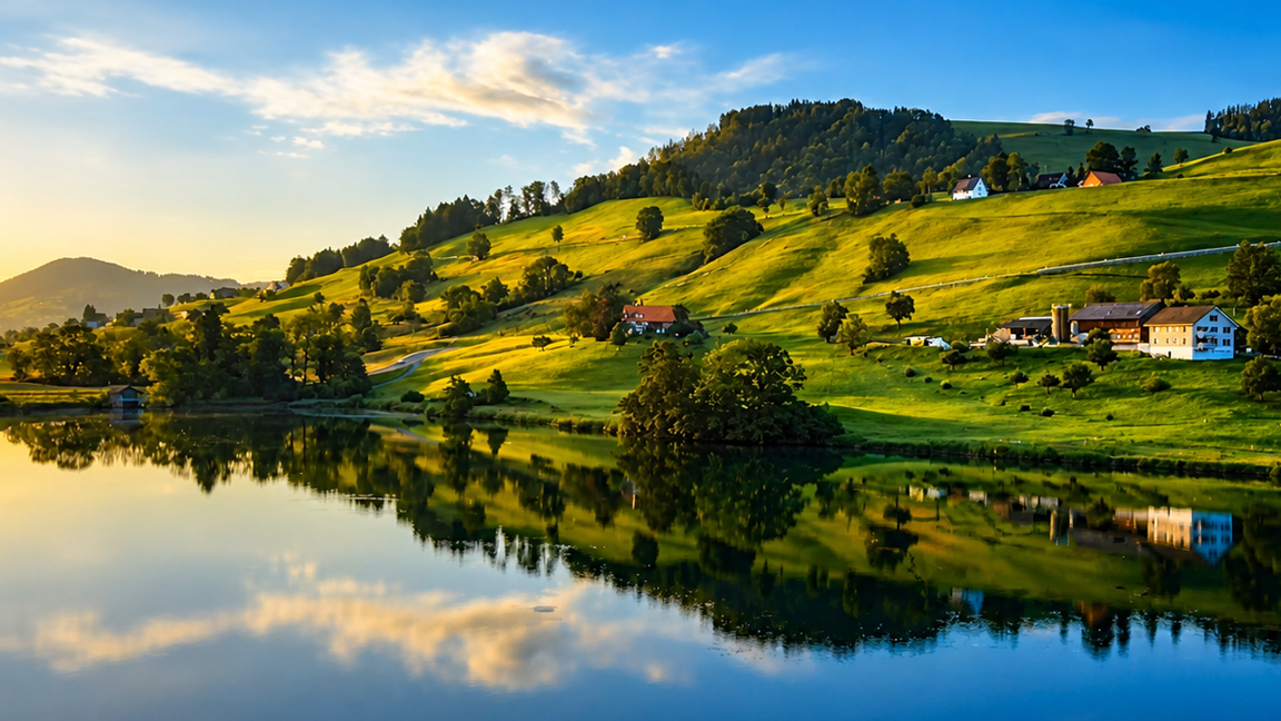 Colline verdi illuminate dal sole e casolari vicino a un lago tranquillo