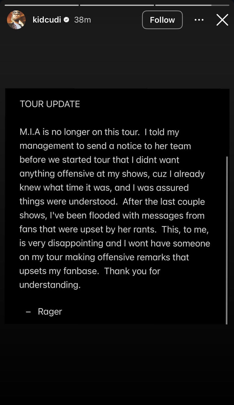 MIA removed from Kid Cudi tour after fans were upset by her rants
