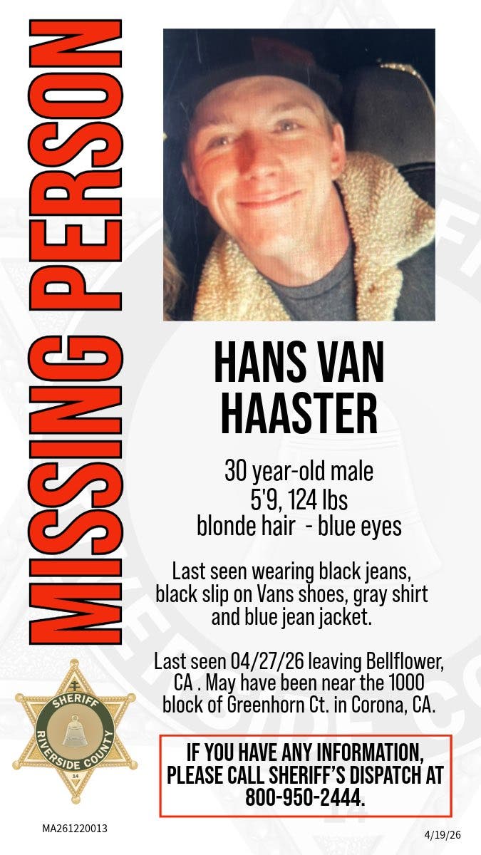 Missing man last seen near Corona: Have you seen Hans?