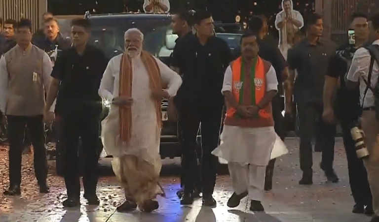 In dhoti-kurta, PM Modi greets jubilant BJP workers after Bengal win