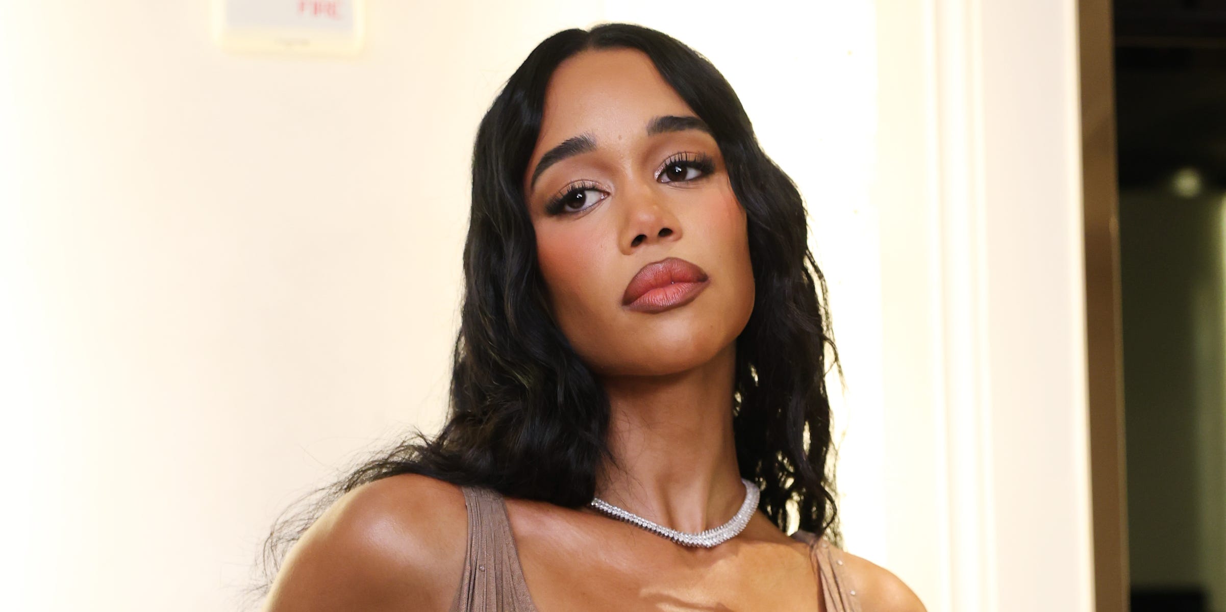 Laura Harrier’s draped, nude-colored gown is one of the best looks at ...