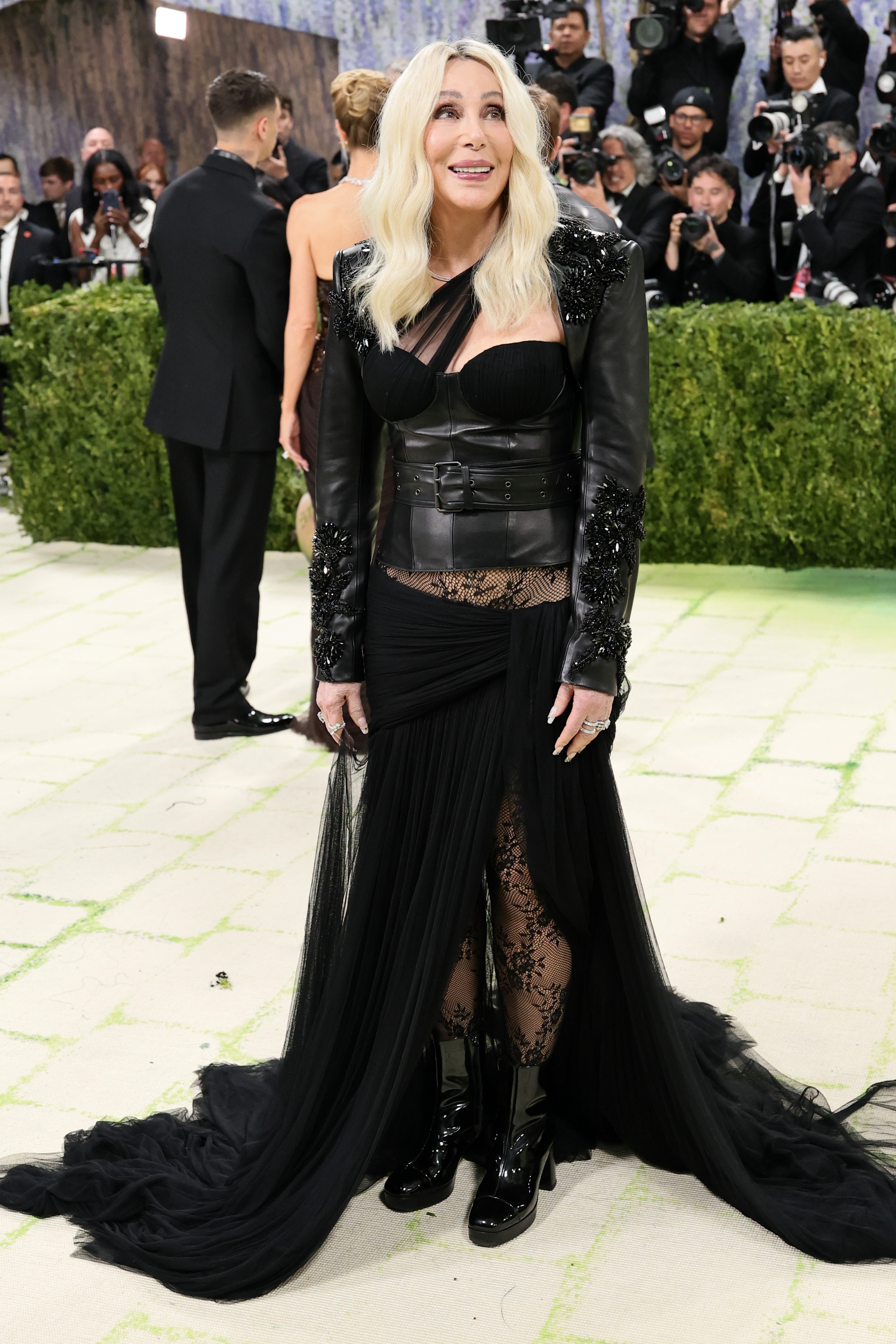 Cher wears black leather and lace on Met Gala 2026 red carpet