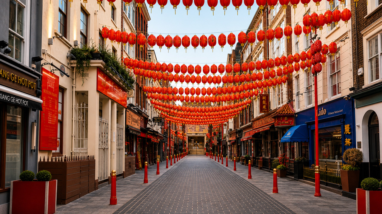 Spaziergang durch Londons Chinatown mit roten Laternenstraßen