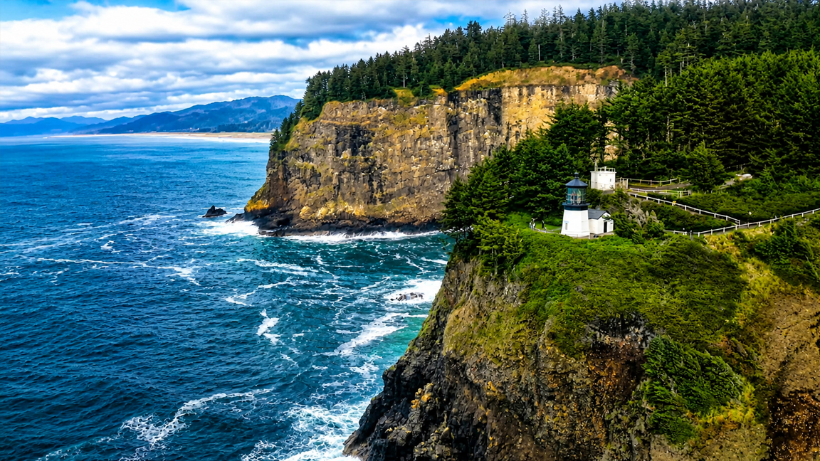 Peaceful coastal scene with lighthouse and rolling waves