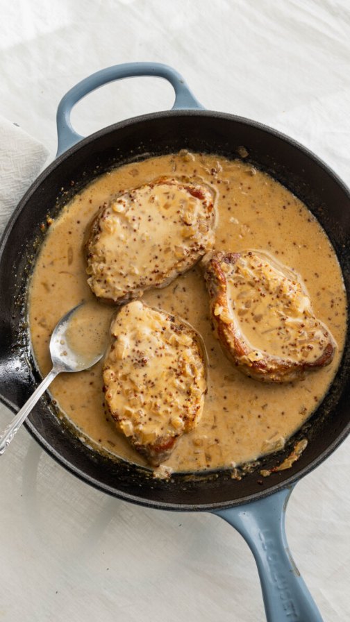 Creamy maple mustard pork chops restaurant style in 20 minutes