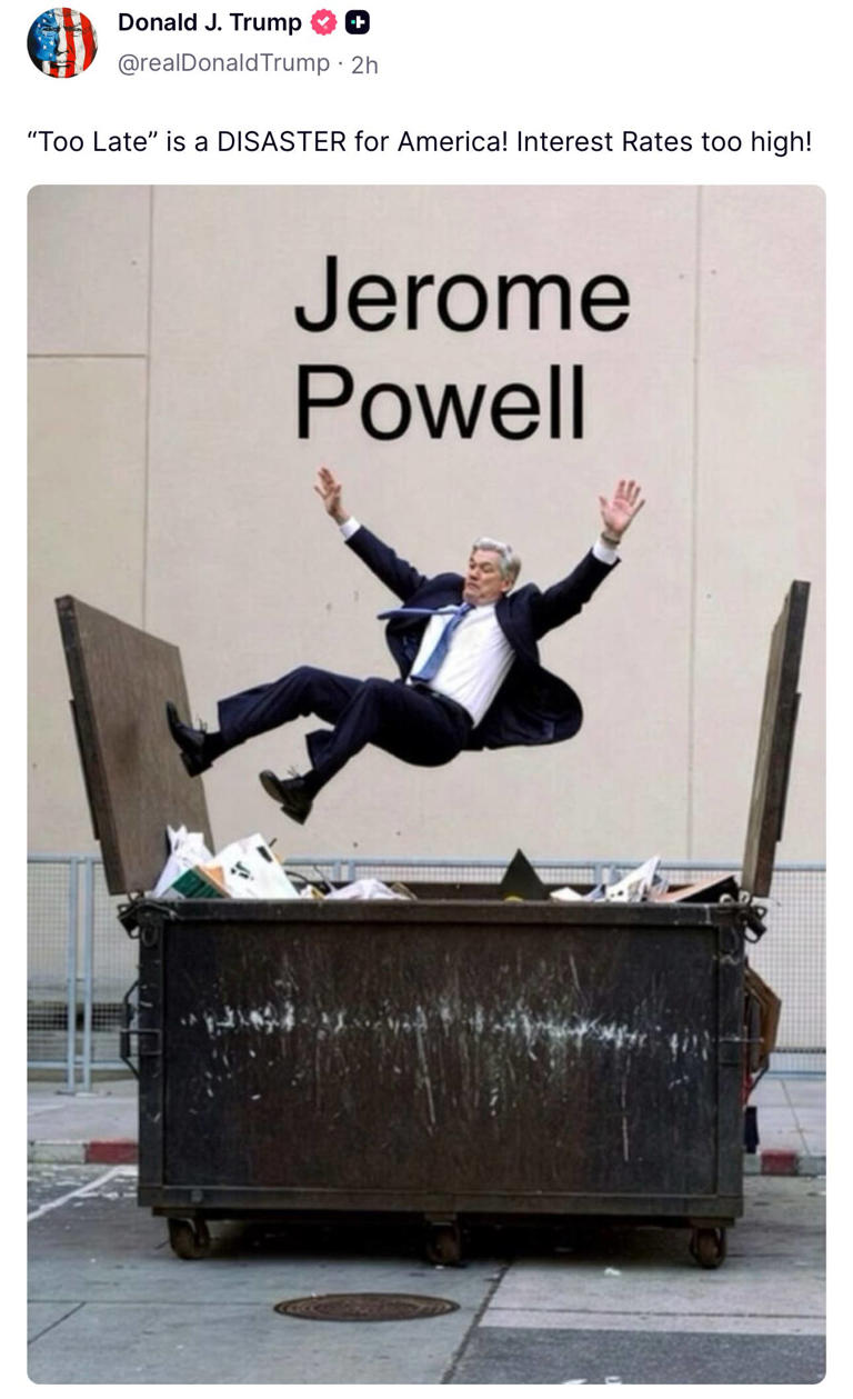 Trump posts Jerome Powell falling into a dumpster