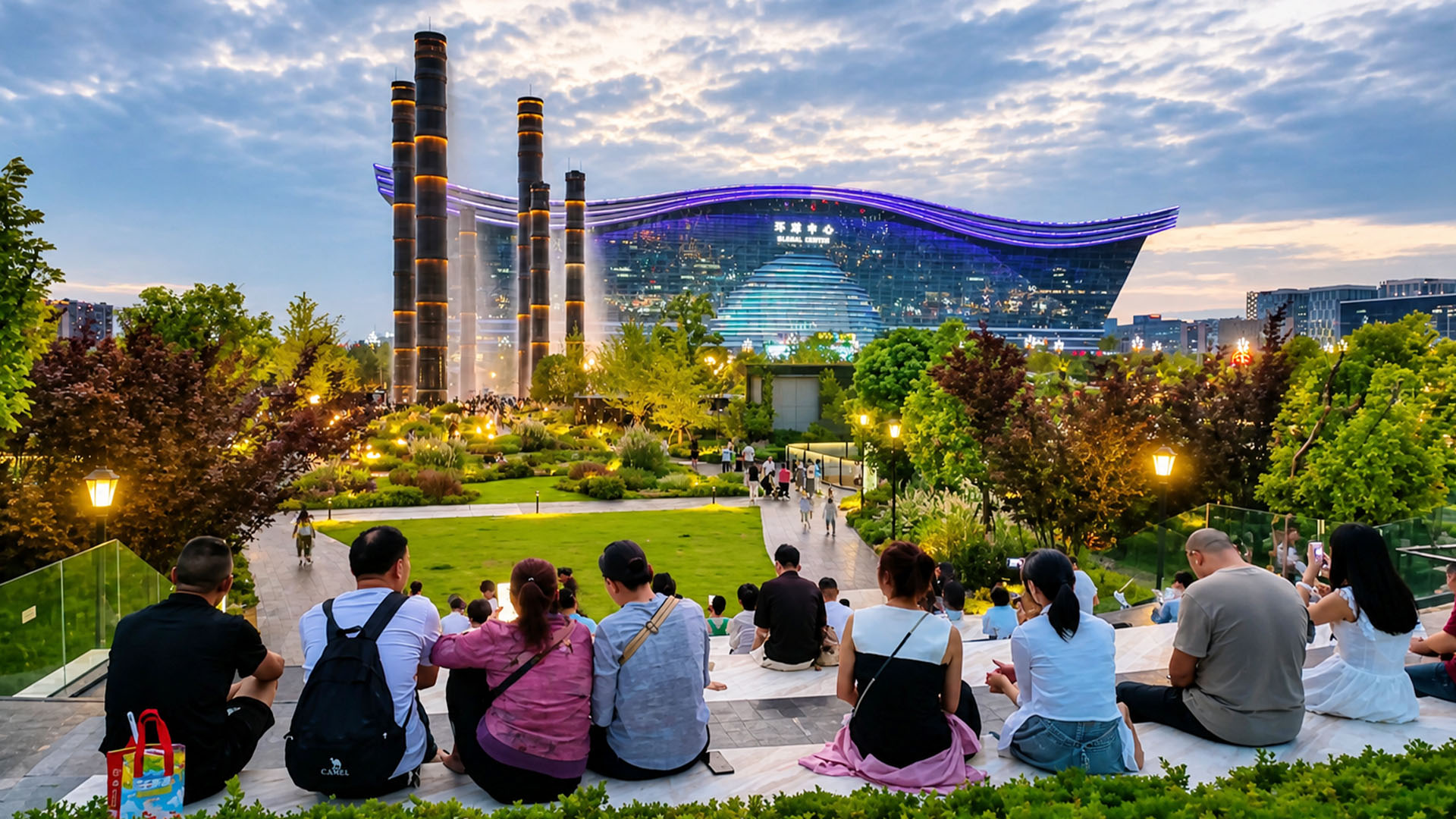 People choose this spot to relax beside a large mall