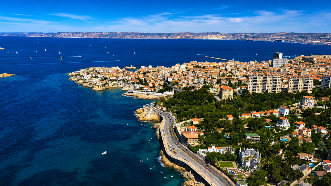 Coastal landscape with urban area and deep blue sea