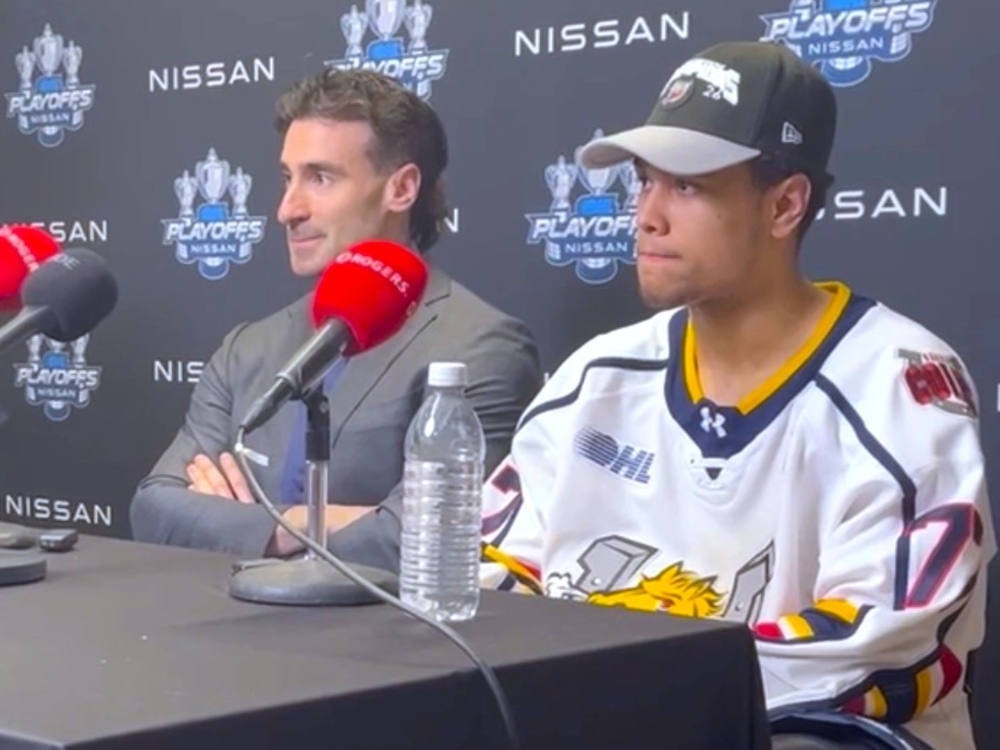 Barrie Colts player, coach mock OHL post-game presser