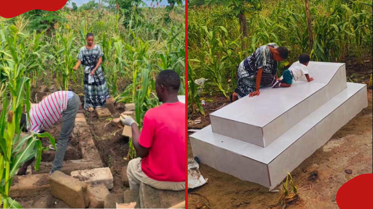 Woman rebuilds mum’s grave, tiles it as she visits with her son ...