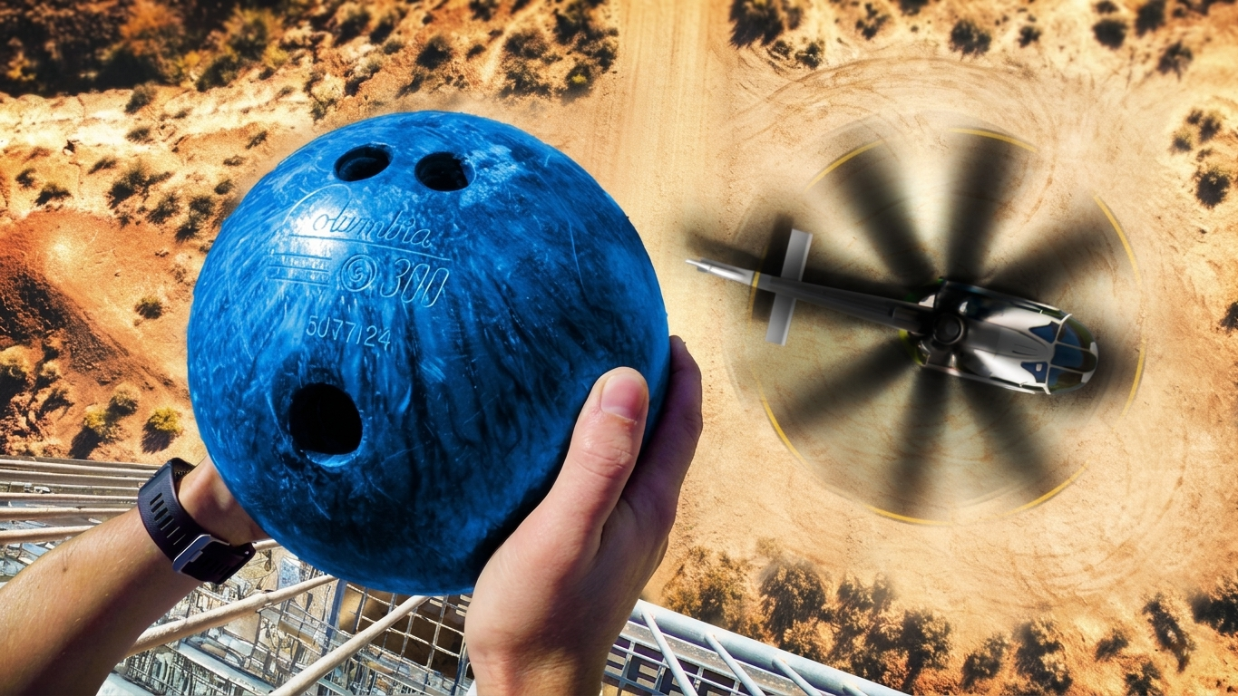Watch what happens when a bowling ball hits helicopter blades