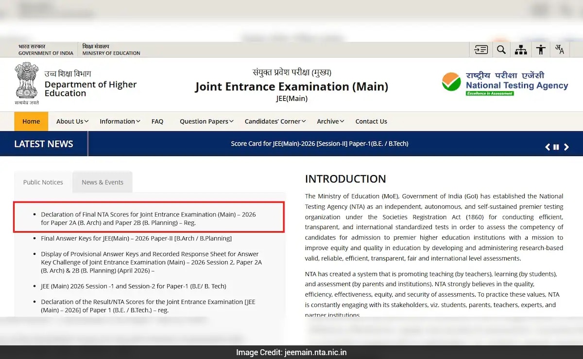 JEE Main 2026 paper 2 result out for BArch and BPlanning; check scorecard