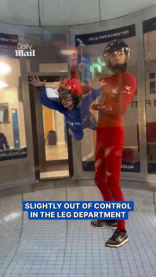 Child reacts with wobbly legs during indoor skydiving session
