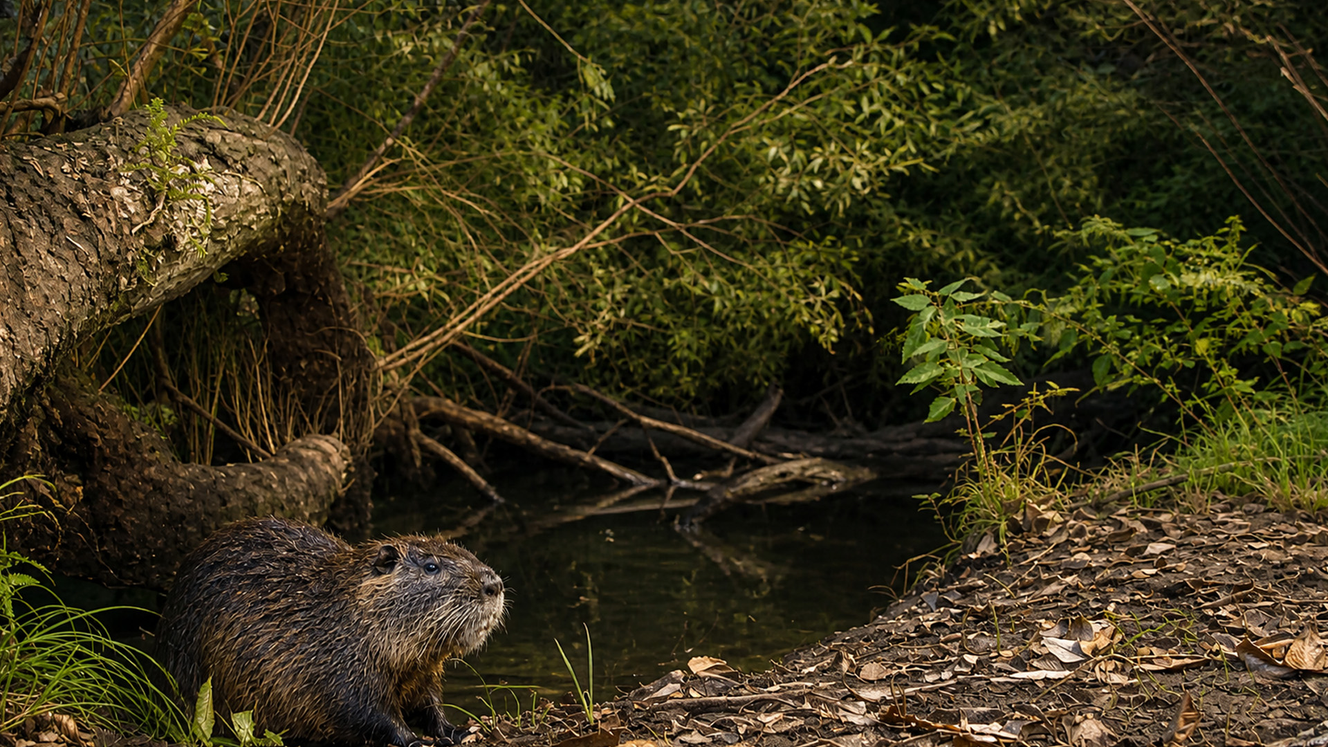 Hidden camera captures a curious river creature by the water