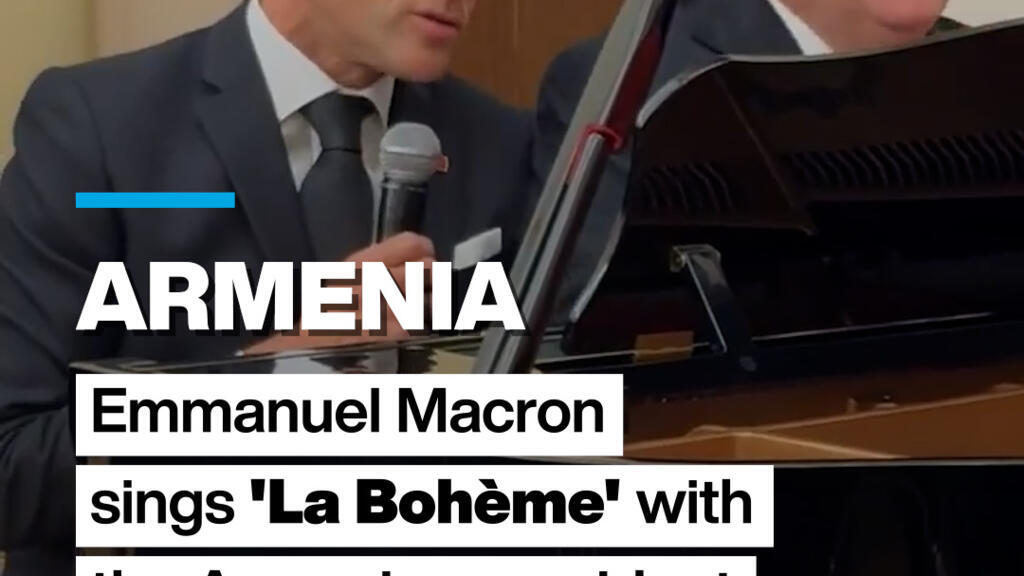 Macron sings as Armenia's prime minister plays drums