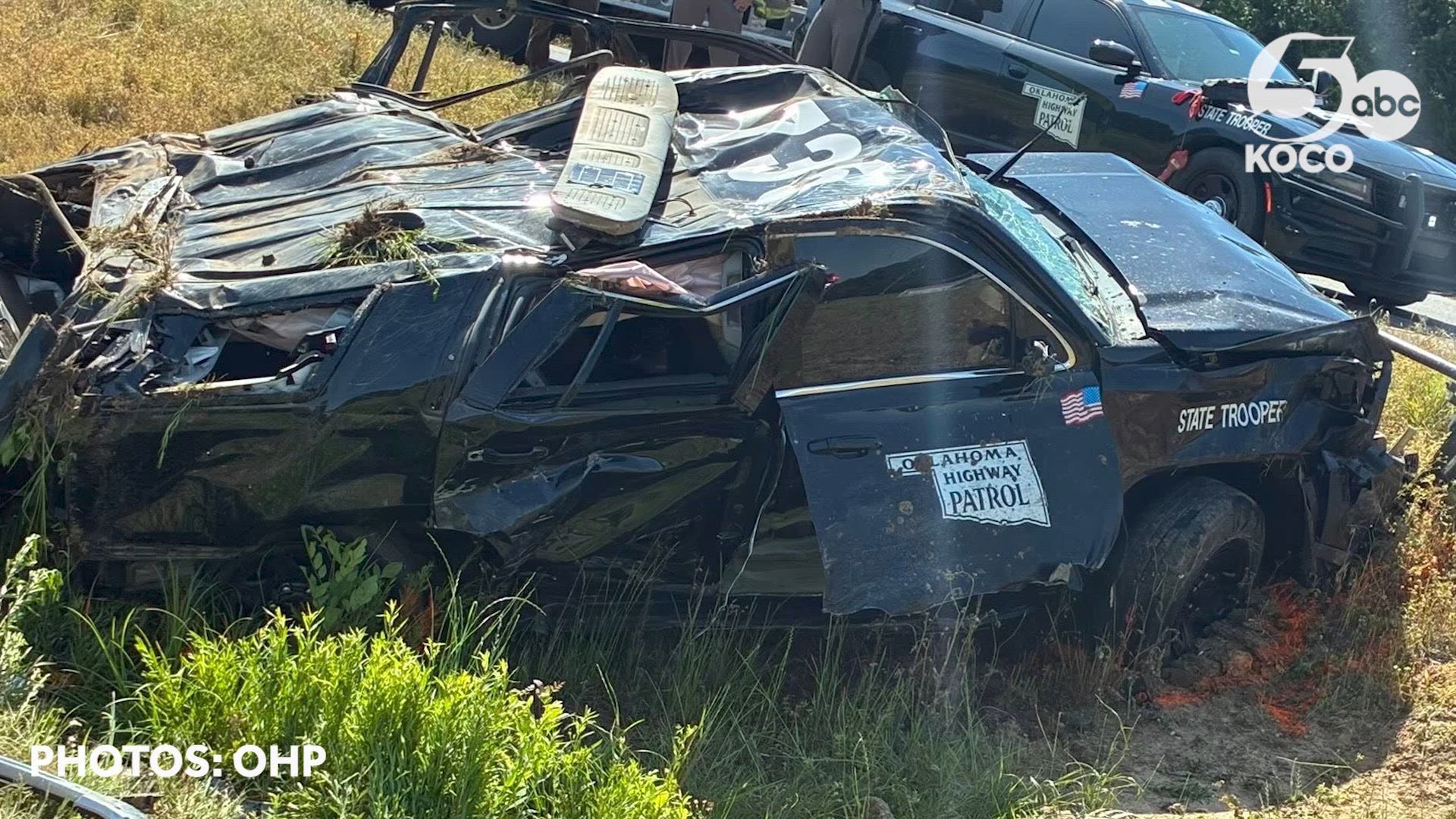 Watch: Pictures show totaled Oklahoma trooper's unit following crash