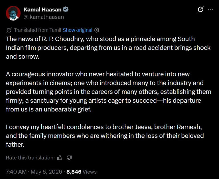 Kamal Haasan, Nani lead tributes after producer RB Choudary dies in car ...