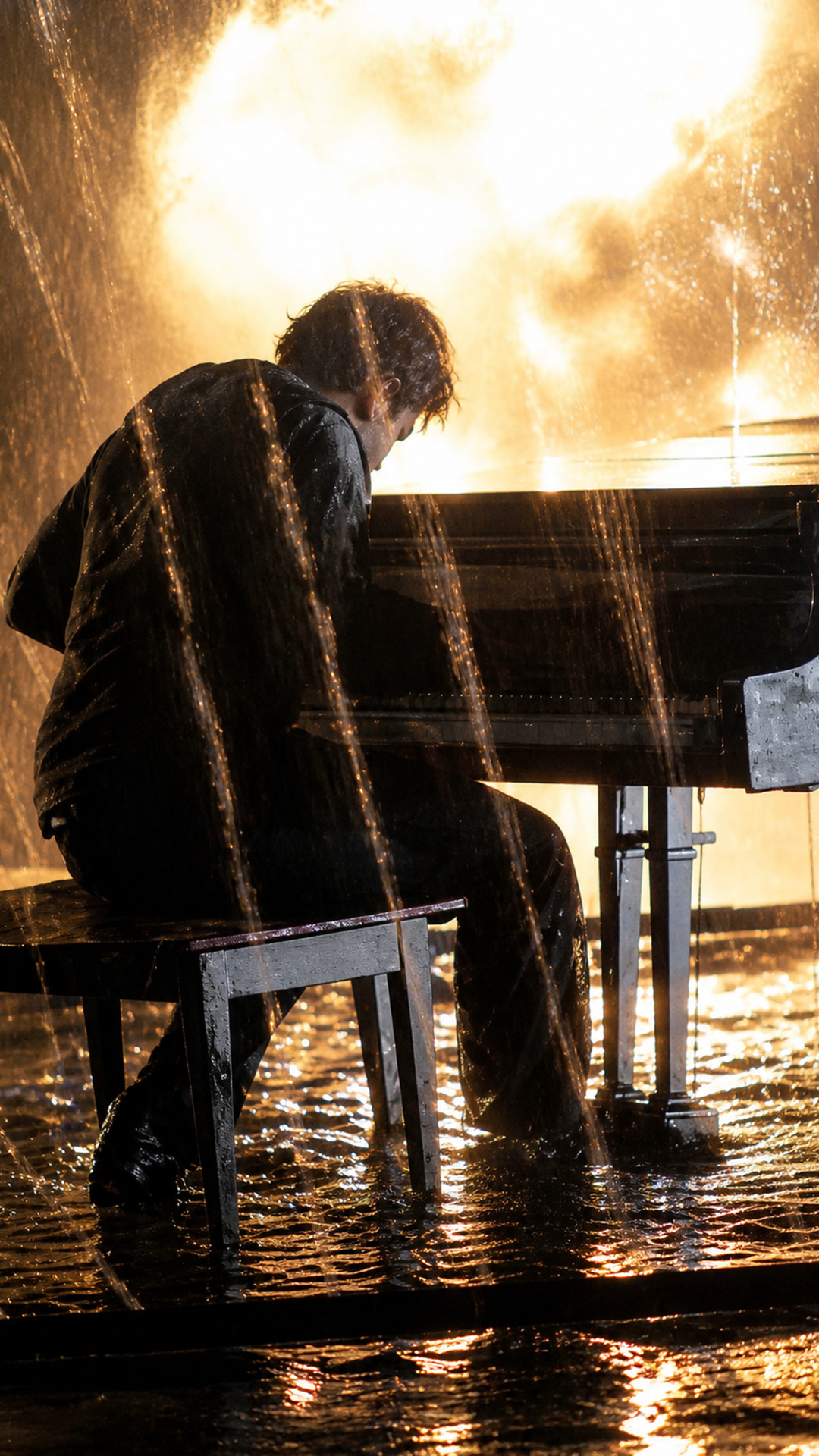 A creative piano performance in a fountain setting
