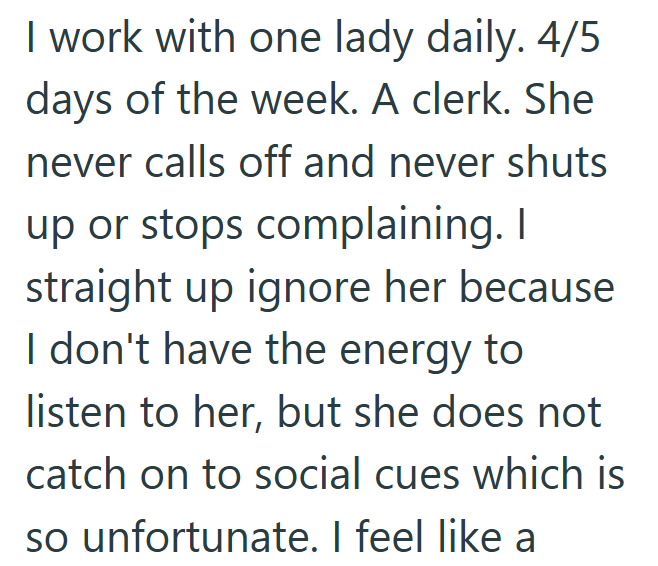 65-year-old clerk constantly talks all throughout the workday ...