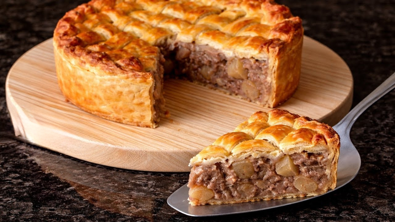 Simple traditional meat and potato pie with easy lattice top recipe