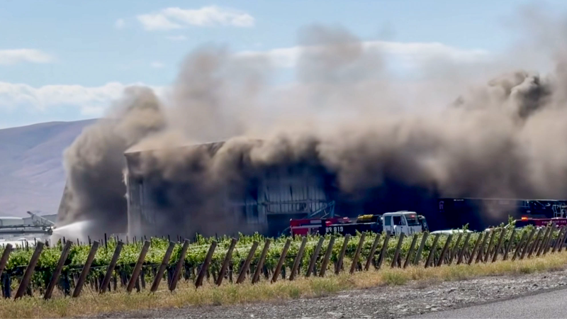 Wine production warehouse burning in central WA (video)