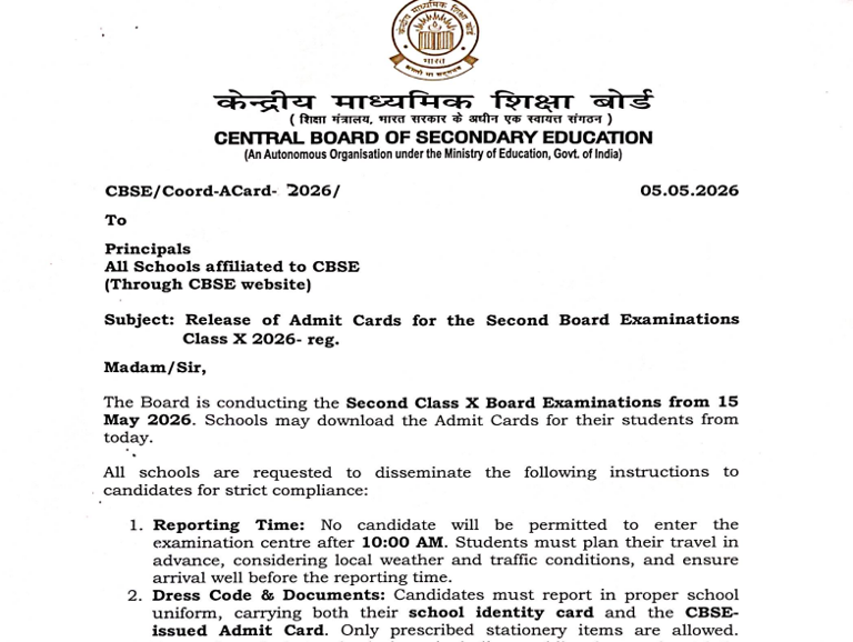 CBSE class 10 admit card 2026 for second board exam released at cbse ...