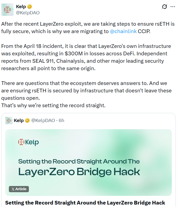 Kelp DAO to migrate rsETH to Chainlink CCIP as blame game continues