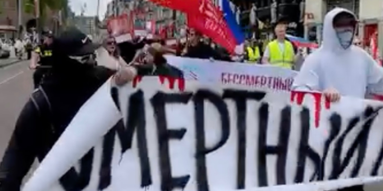 Ukrainian activists protest pro-Russian march in Amsterdam