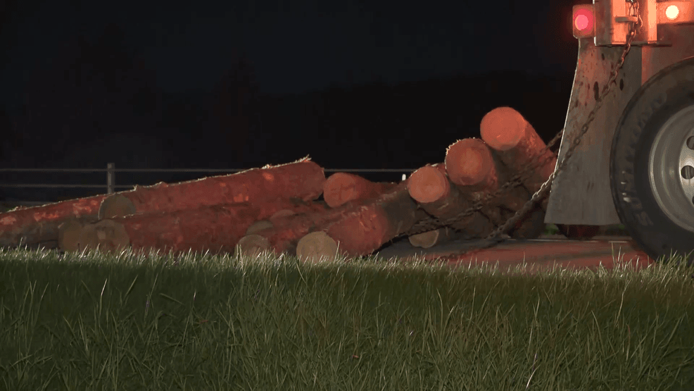 Truck hits bridge over US-131, spills logs onto Allegan County highway