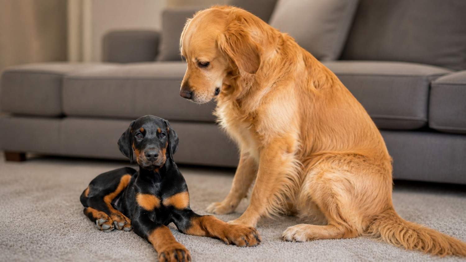 Golden retriever meets new puppy sister