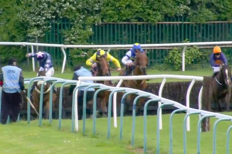Shocking racing incident sees staff race away from oncoming horses in ...