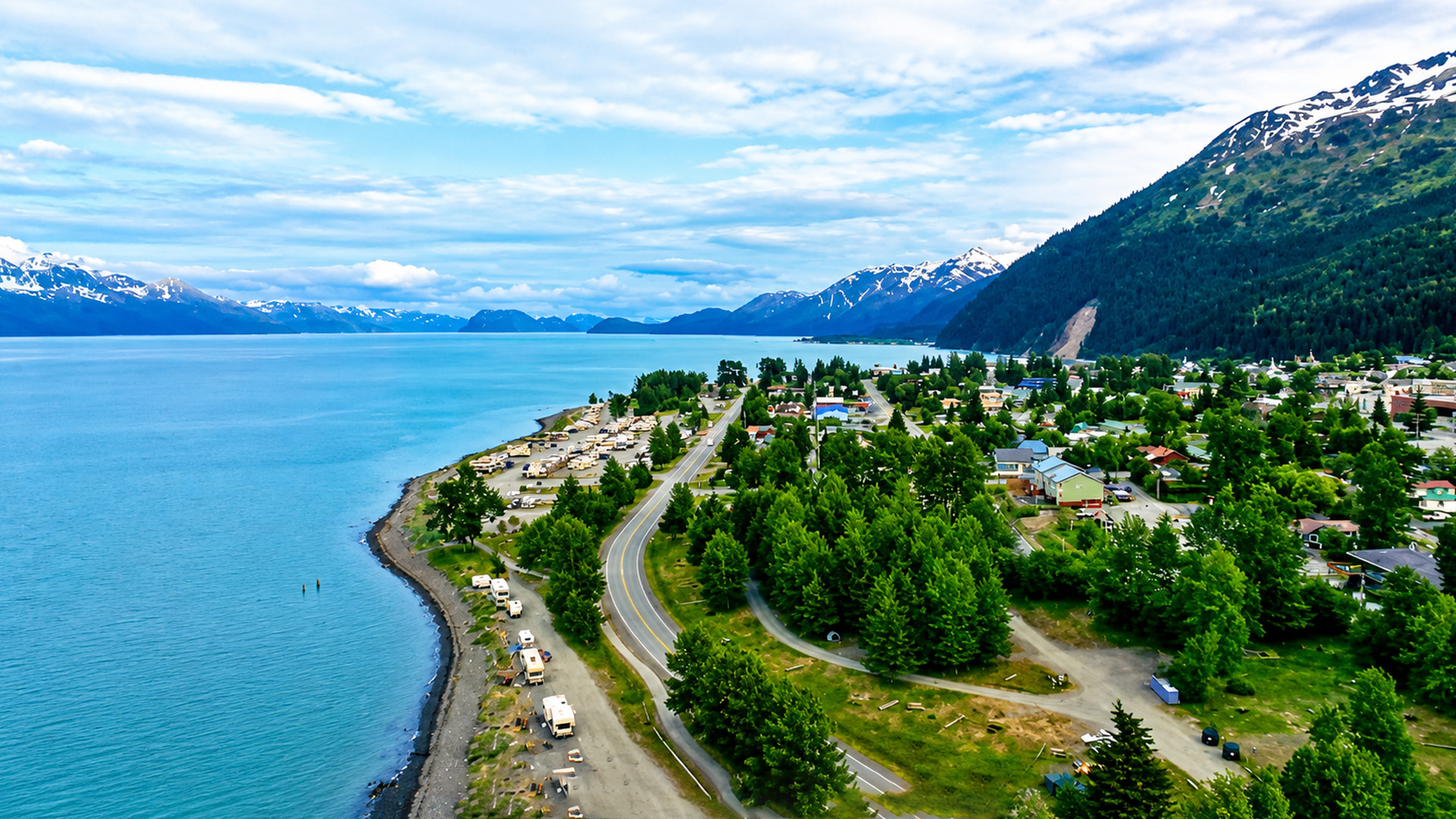 Rugged mountains meeting the ocean in Seward Alaska
