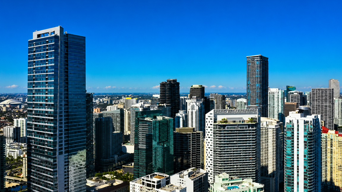 Modern city skyline with high-rise buildings and clear blue sky