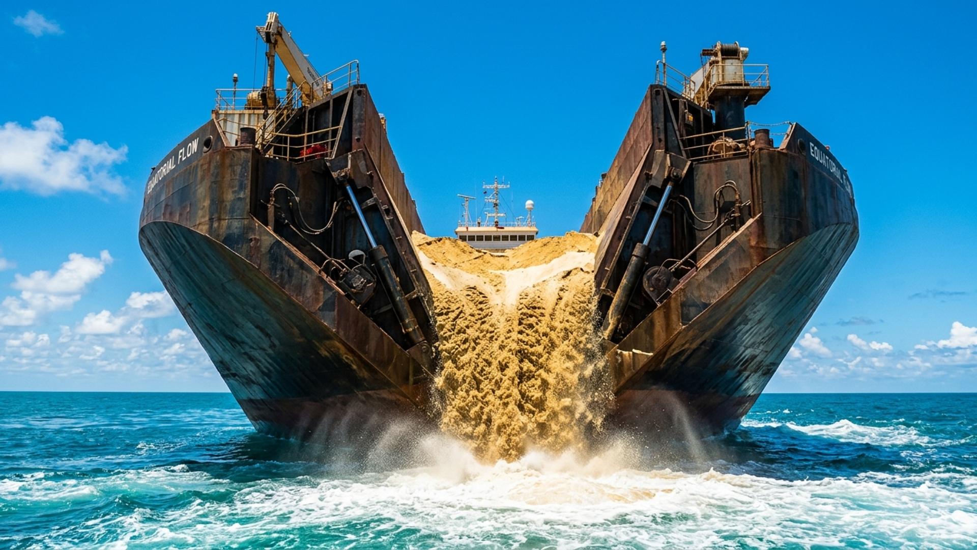 How split hopper barges dump thousands of tons of sand through their ...