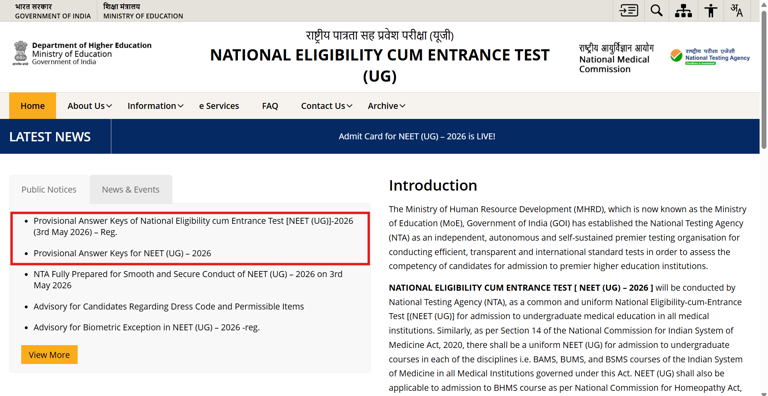 NTA NEET UG 2026 answer key released at neet.nta.nic.in: Check direct ...