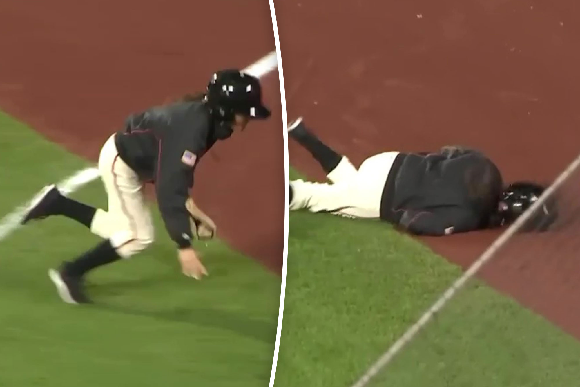 Giants ball woman takes gnarly tumble chasing down souvenir
