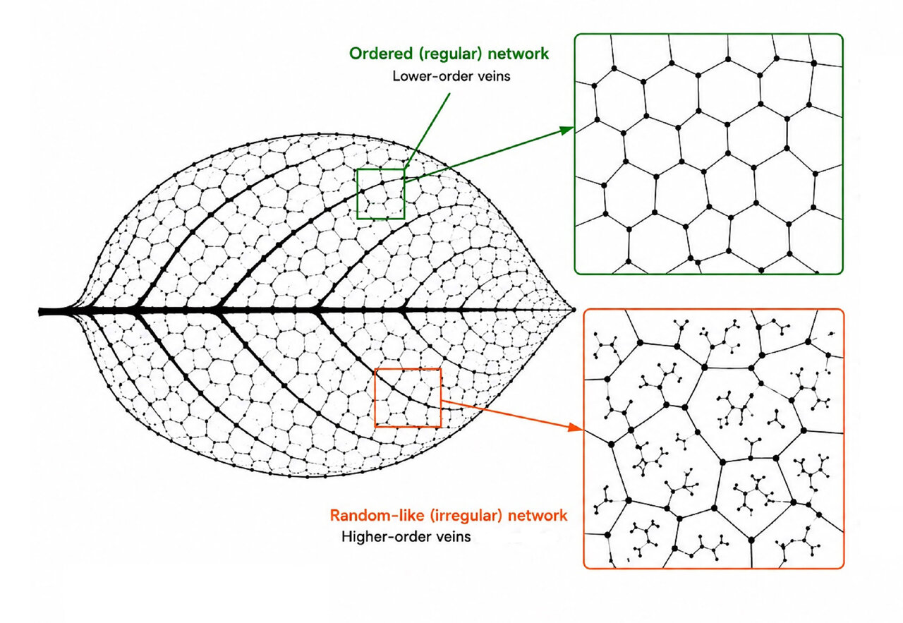 Hybrid vein networks in tree leaves reveal a new model of biological design