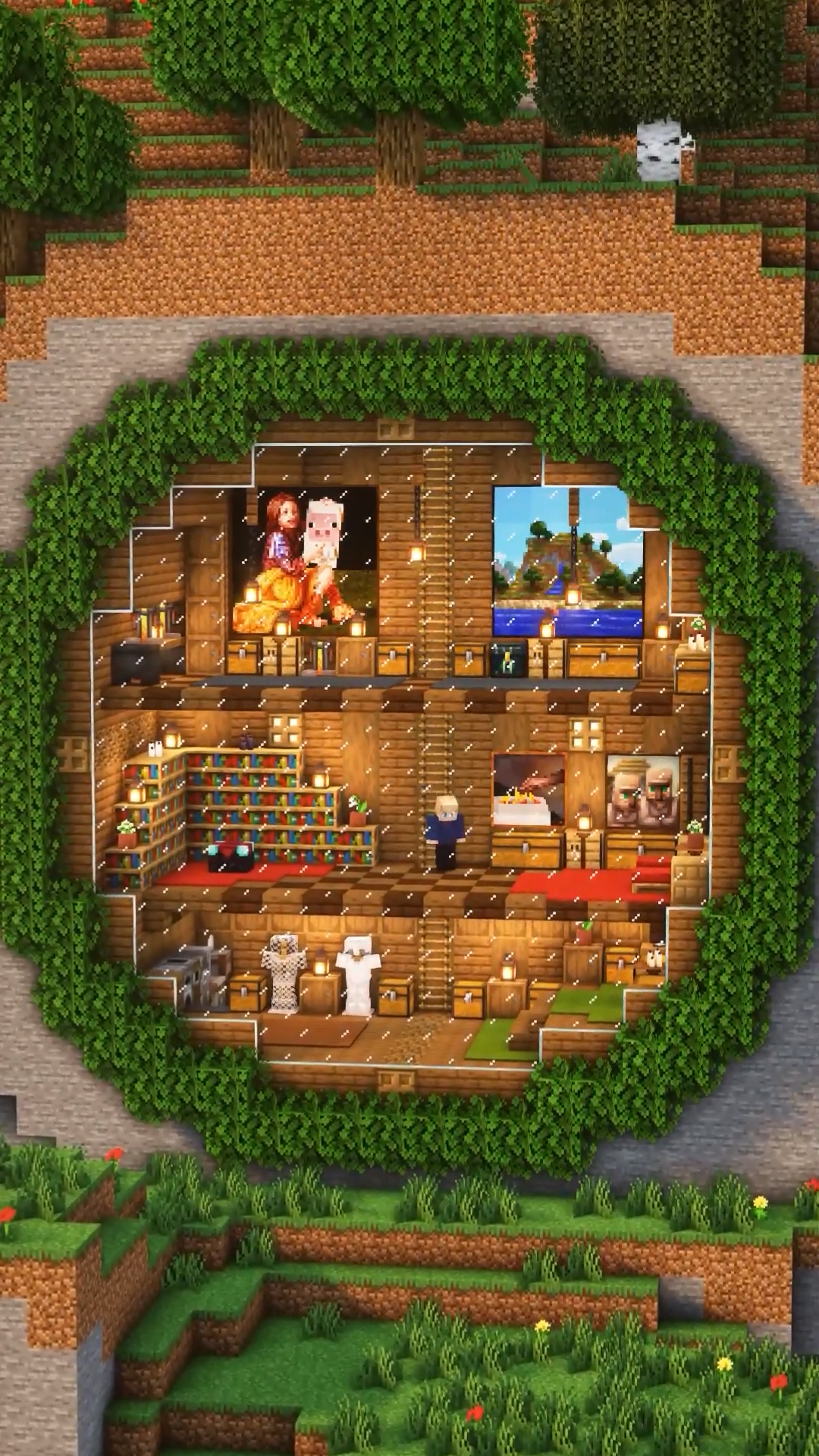 A cozy Minecraft tree base with hidden rooms