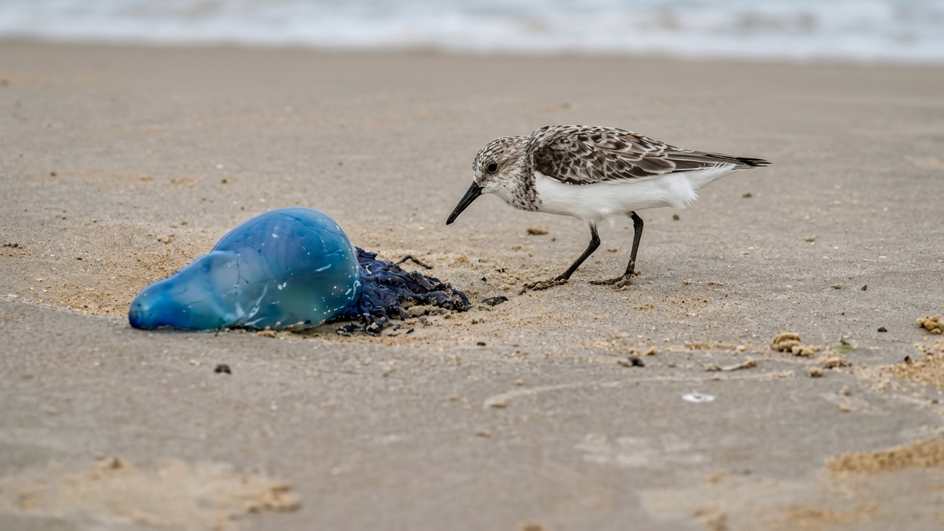 Watch what happens when a bird pokes a stranded jellyfish