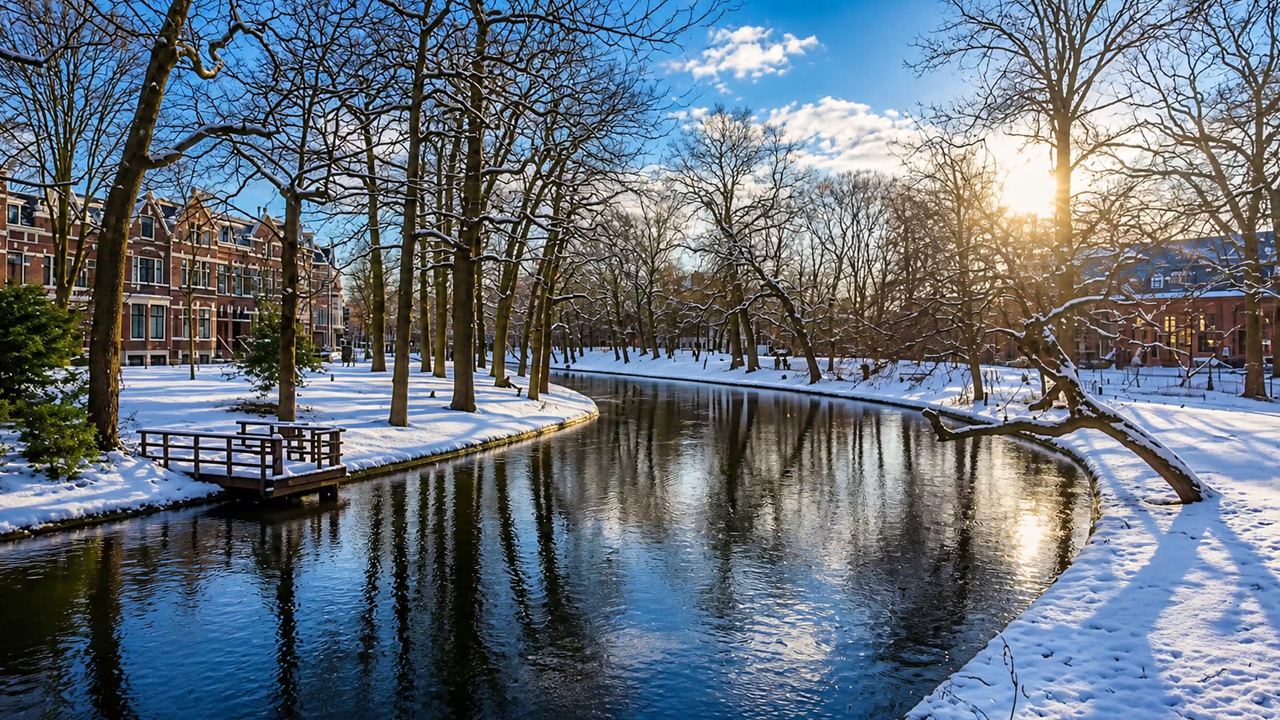 Utrecht covered in snow with quiet canal views