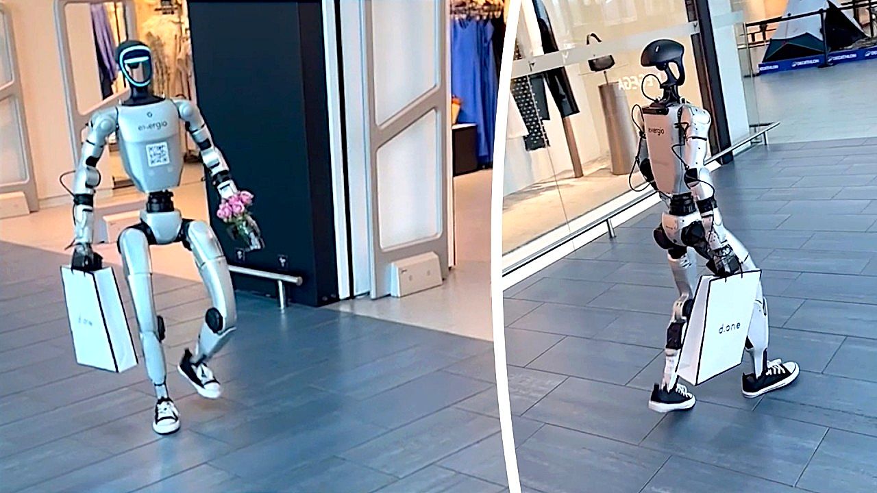 Robo shopping! An unexpected figure walks through busy mall