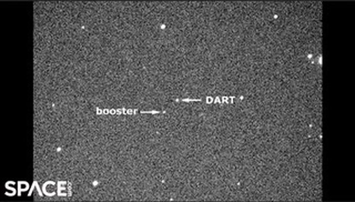 NASA DART spacecraft and spinning SpaceX booster seen from Earth