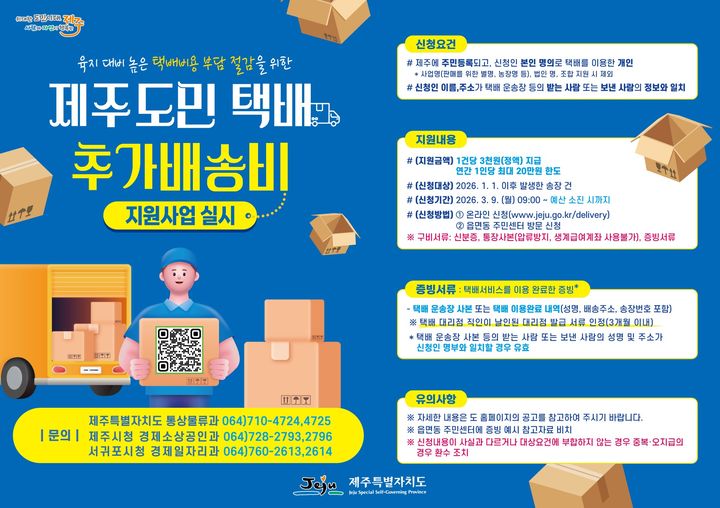 제주 '택배 추가 배송비 지원' 첫달, 22만명에 6.5억 지급