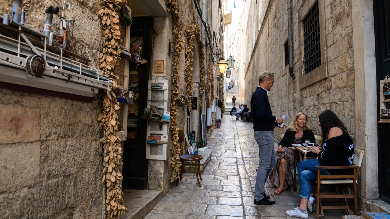 Jalan-jalan di Dubrovnik melewati kafe dan tembok batu (4K)